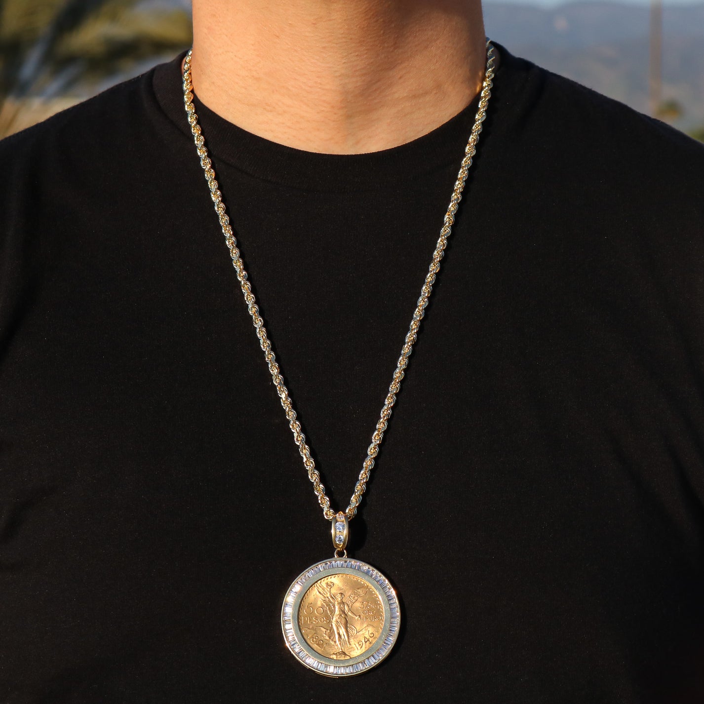 Baguette Bezel Centenario Pendant - Original 22k Gold – Huerta Jewelry